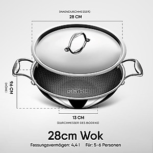 Stahl Triply Non Stick Kadai with Lid | Stainless Steel Kadai with Induction Base | Tri Ply Kadhai Scratch Resistant | Hybrid 6328, Dia 28cm, 4.4L (Serves 8 People)