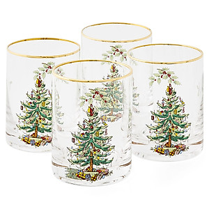 Spode Christmas Tree 14oz Double Old Fashioned Glasses, Set of 4 - Festive Holiday Drinkware with Rustic Christmas Design, Excellent for Whiskey at Holiday Gatherings and Cozy Celebrations