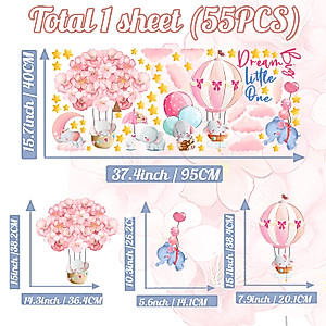 KOKOLAP Dream Big Little One Wall Stickers,Pink Elephant Wall Decals Nursery Decor,Flowers Hot Air Balloon Wall Sticker Baby Girl Room Decor,Cloud Stars Wall Decal for Kids Room Bedroom Playroom Decor
