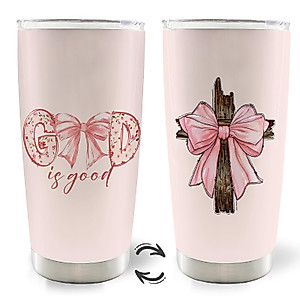 MOTERMATE Christian God is Good Pink Bow Cross 20oz Travel Coffee Mug Tumbler, Christian Easter Tumbler Gifts for Women Kids, Preppy Stuff, Pink Preppy Water Stainless Steel Tumbler with Lid and Straw