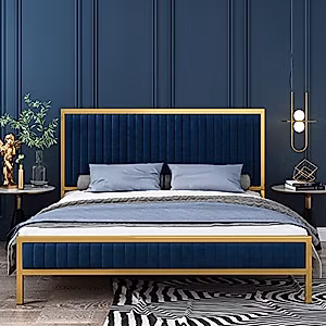 HIFIT Bed Frame Queen Size, Queen Bed Frame with Headboard, Heavy Duty Metal Foundation, Upholstered Bed Frame with Velvet Tufted Headboard, Wood Slat Support, No Box Spring Needed, Gold & Navy Blue