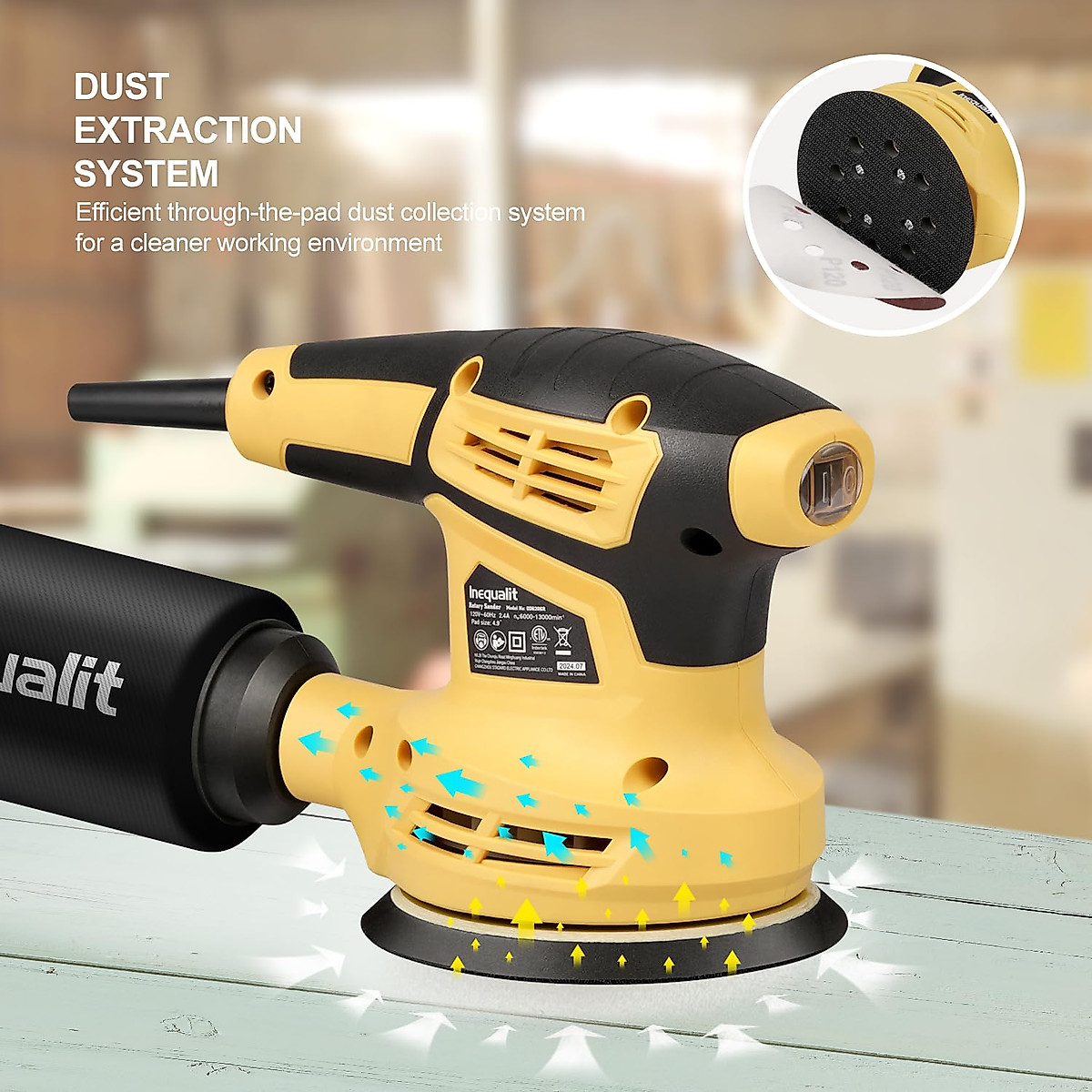 Inequalit 2.4Amp 5 Inch Orbital Sander, 6000-13000OPM Electric Orbital Sander with 6 Variable Speed, 15Pcs Sandpapers and Dust Collector Included, Fit for Sanding and Polishing