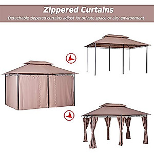 Outsunny 10' x 13' Outdoor Soft Top Pergola Gazebo with Curtains, 2-Tier Steel Frame Gazebo for Patio, Khaki