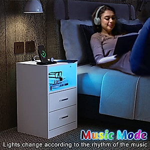 PrimeZone LED Nightstand with Charging Station - Modern End Table Bedside Table with USB Ports & Outlets, Wooden Bedroom Night Stand with 2 Drawers & Open Storage, White