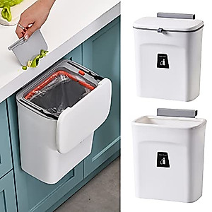 WDPUCHU 2.4 Gallon Hanging Trash Can for Kitchen Cabinet Door with Lid, Small Under Sink Garbage Can for Bathroom, Wall Mounted Counter Waste Compost Bin (White)