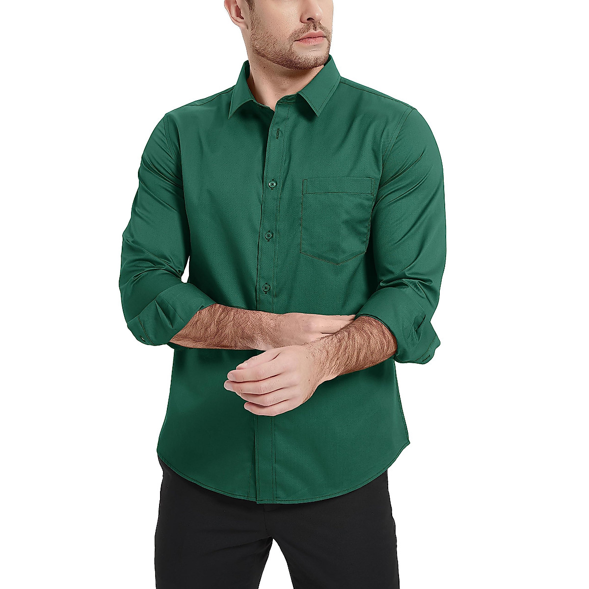 MAGCOMSEN Men's Dress Shirts Long Sleeve Button Up Shirt with Pocket Fitted Formal Business Wear Solid Cotton Fashion Shirts Dark Green, L