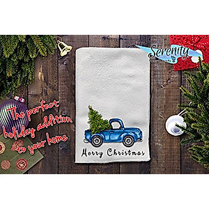 Decorative Kitchen Dish and Bath Hand Towels | Cute Rustic Blue Truck With Green Christmas Tree | White Tea Towel Home Decor Holiday Decorations | Quality XMAS Gift Present