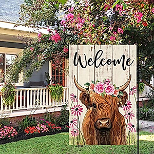 ORTIGIA Welcome Spring Highland Cow Garden Flag Burlap Double Sided Vertical 12x18 Inch Farmhouse Floral Cow Yard Decor Spring Summer Daisy Flowers Porch Flag Rustic Seasonal Outdoor Flag