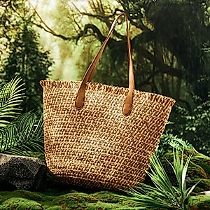 Straw tote beach shuolder handbag travel large tassels woven crossbody wicker boho Zipper lightweight shopping bags women (khaki)