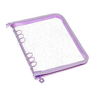 NEWEST A5 Notebook Binder Cover with Zipper, Plaid Pattern 6 Ring Refillable Planner Binder Shell, Clear Glitter PVC Loose Leaf Binder Wallet for Journal Album Diary Budget Folder DIY Cover, Purple