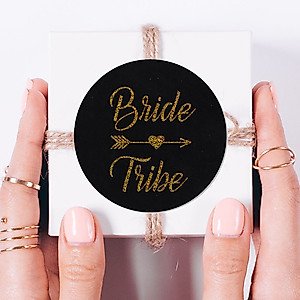 24-Pack, 2” Bride Tribe Stickers, Bachelorette Stickers, Black Gold Glitter Bridal Shower Labels