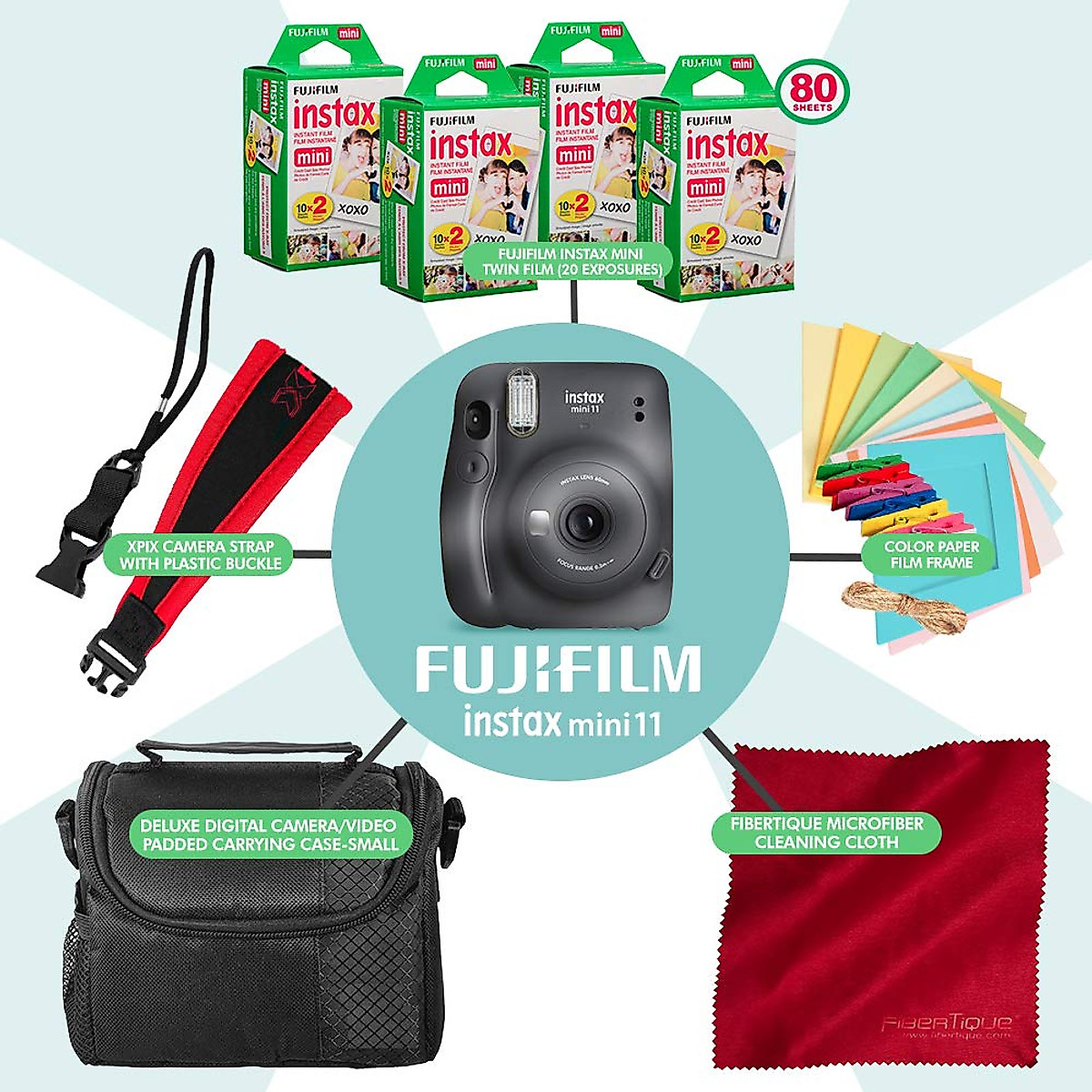 FUJIFILM INSTAX Mini 11 Instant Film Camera (Charcoal Grey) + ACCESSORY BUNDLE THAT INCLUDES 4X Fujifilm Instax Mini Twin Film (80 Exposures), Camera Carrying Case, Camera Strap & Funky Film Frames