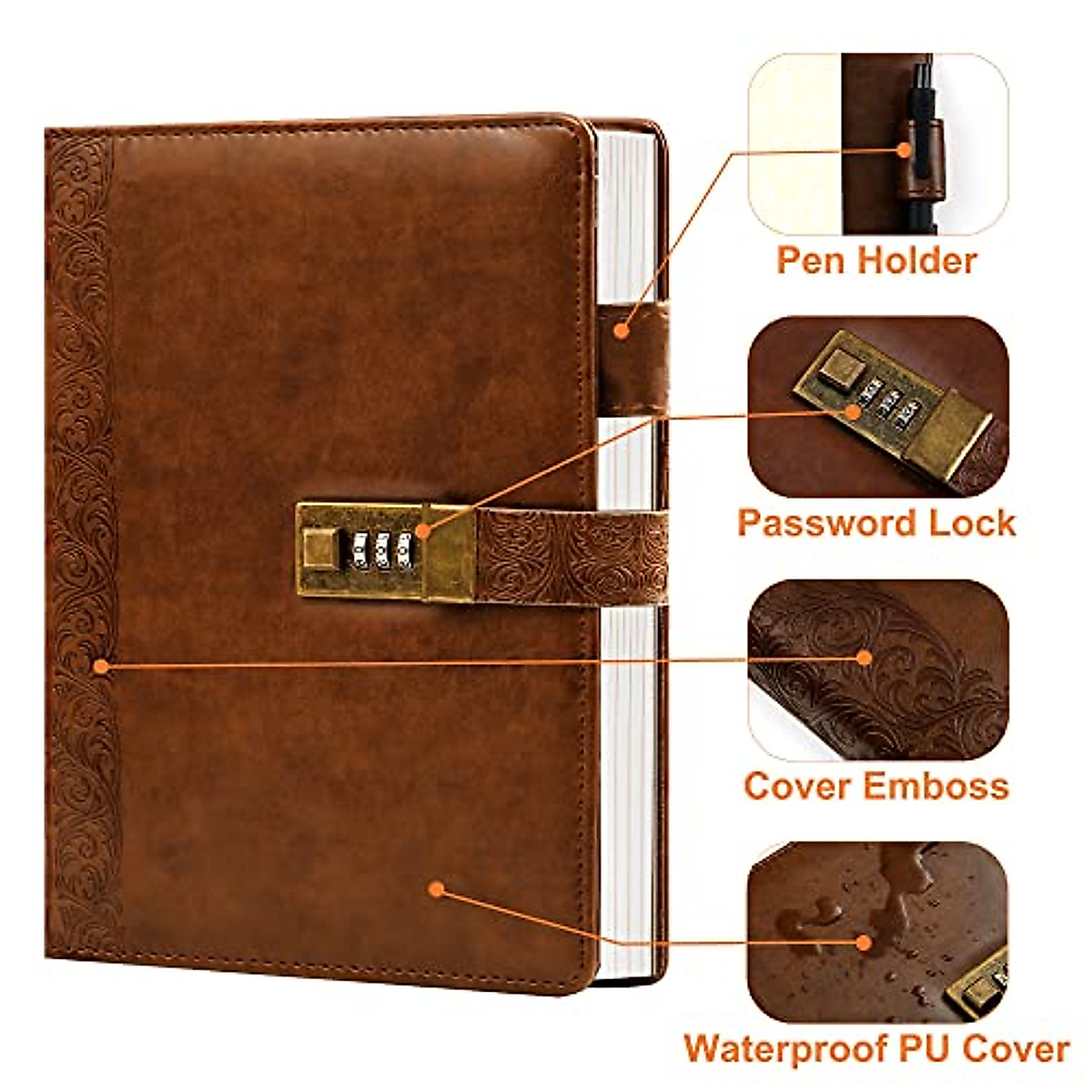 CAGIE Journal with Lock for Adults, Large Refillable Lock Diary 6 Ring Binder Notebook with Lock for Men Women, 7 x 9 Inch, Brown