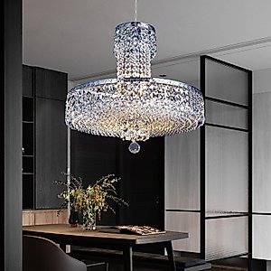 YOVINO Crystal Chandeliers 12 Lights High Ceiling Pendant Lighting Fixtures Unique Empire Foyer Entrance Indoor Living Room Dining Room Bedroom Entryway Staircase Chrome Finish D20 x H18 Silver