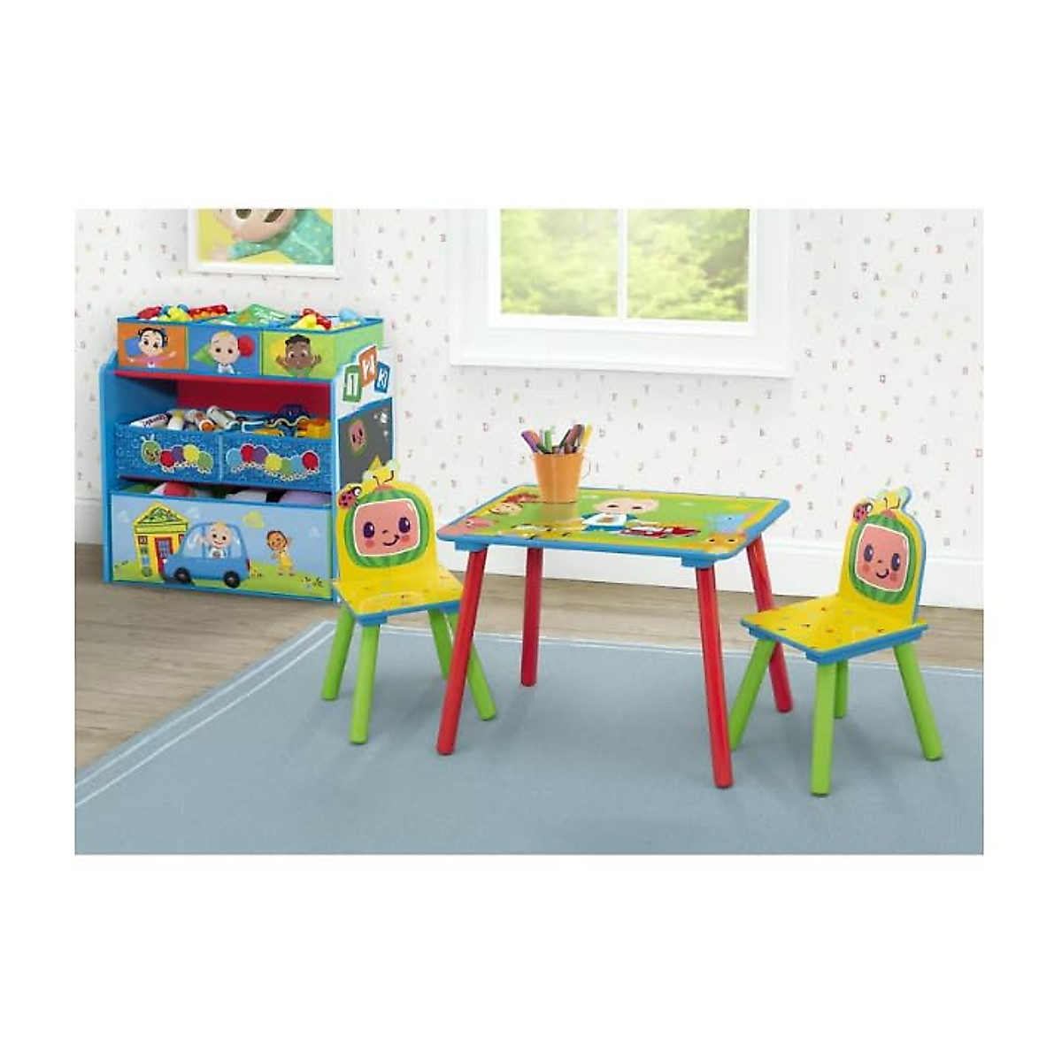 PZCXBFH CoComelon 4-Piece Toddler Playroom Set by – Includes Play Table with Dry Erase Tabletop and 6 Bin Toy Organizer with Reusable Vinyl Cling Stickers, Blue/Multi