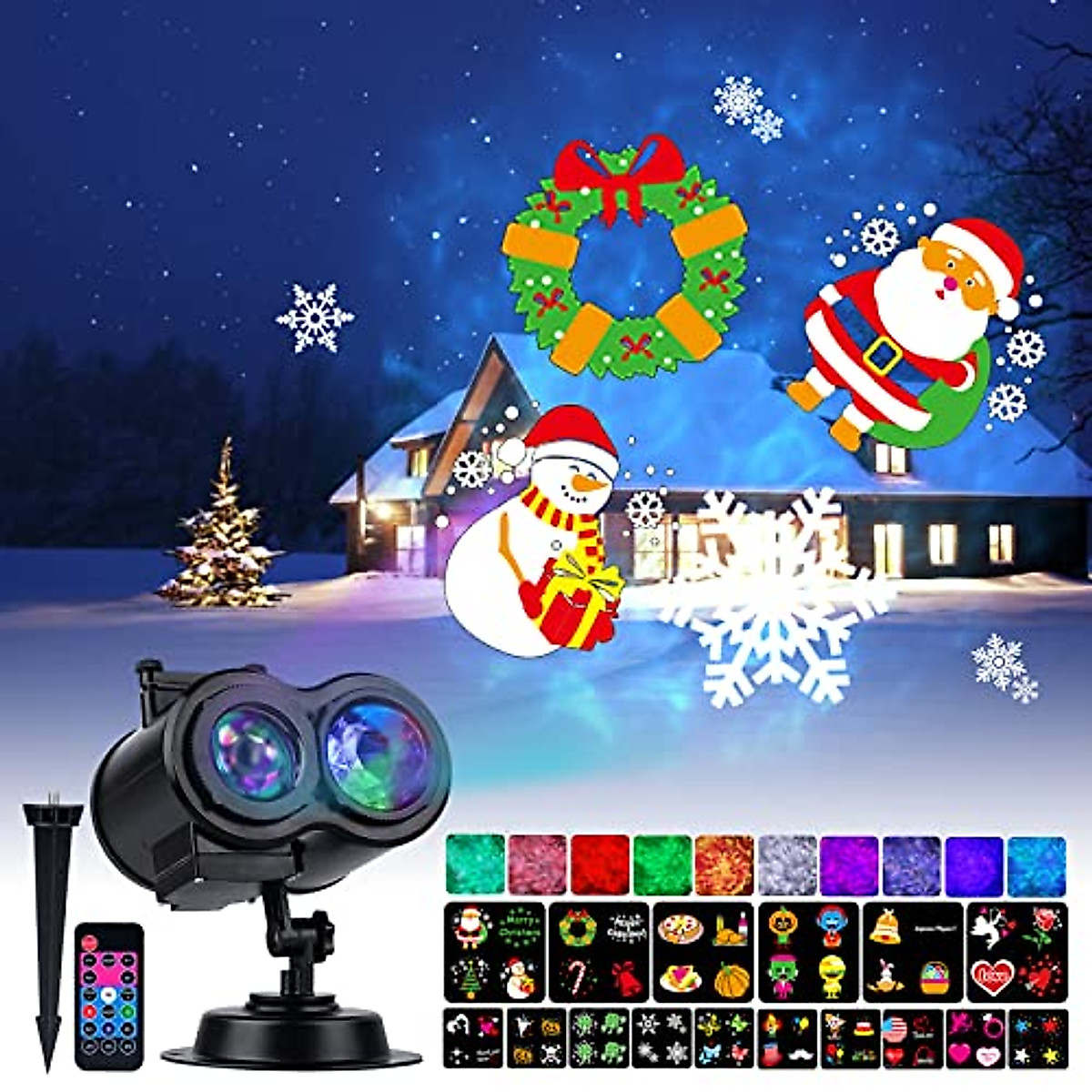 Christmas Projector Lights Outdoor - 2-in-1 3D Ocean Wave & Patterns LED Landscape Holiday Night Lights Waterproof with RF Remote Control Timer for Halloween Xmas Party Garden Decorations