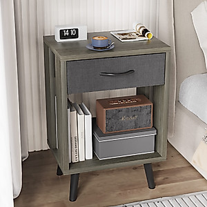 GYIIYUO Nightstand with Fabric Storage Drawer and Open Wood Shelf, Side Table with Storage for Bedroom, Night Stand with Drawer for Bedroom, Bedside Tables - Rustic Brown - Gray, Grey
