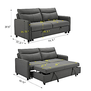 74.5" W Futon Loveseat W/Pull Out Sleeper Couch Bed and 2 Pillows,3 in 1 Reclining Backrest Love Seat Convertible Queen Size Sleeper&Sofabed for Home Apartment Office Living Room
