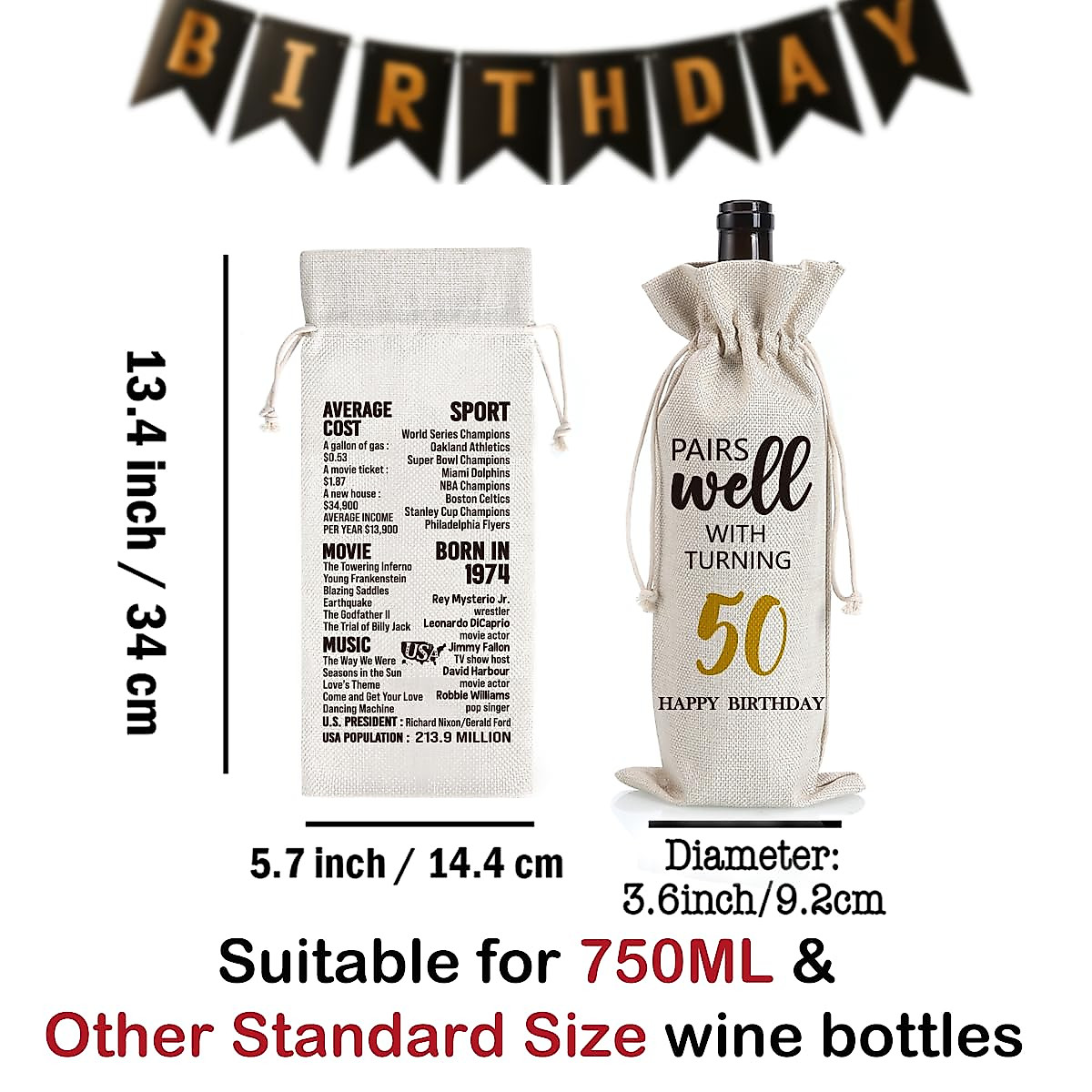50th Birthday Gift Ideas for Women Men, 50 Years Old Birthday Party Decoration Wine Bag Gifts, Happy 50th Birthday Decor, Pairs Well with Turning 50, 1975 Wine Bag