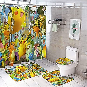 𝐏𝐨𝐤.𝐄𝐦𝐨𝐧 𝐆𝐎 Bathroom Sets,Kids Bathroom Decor Shower Curtain Set,Cartoon Shower Curtain with Anime Rugs& U-Shaped Floor Mat + Toilet Seat Cover Accessories 72"x72"