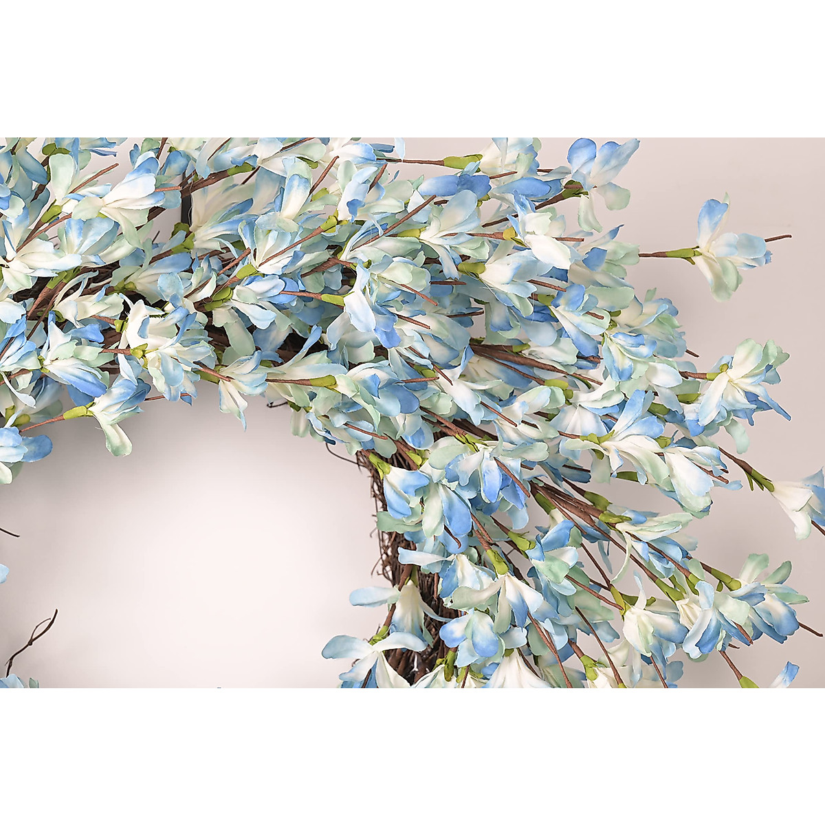 Blue Forsythia Door Wreath Summer Front Door Wreath 24Inch Blue Cream Cluster Wreath on Farmhouse Grapevine Wreath Blossom Cluster for Festival Celebration Front Door Wall Window Christmas Home Décor