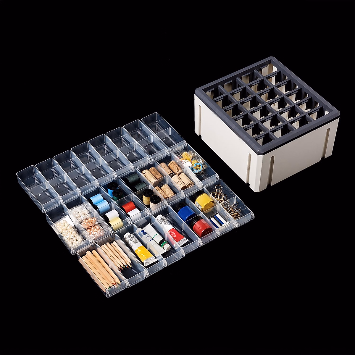 EZOWare Art Craft Storage Organizer Box, 24 Pull-Out Drawer Stackable Clear Plastic Divided Adjustable Container Bins for Small Parts, Scrapbook, Hobby, Sewing Supplies, Jewelry - White/Gray