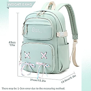 El-fmly Casual Travel Daypack Water Resistant School Bookbag Backpack with Cute Ribbon for Students Girls Teens (Lightgreen)