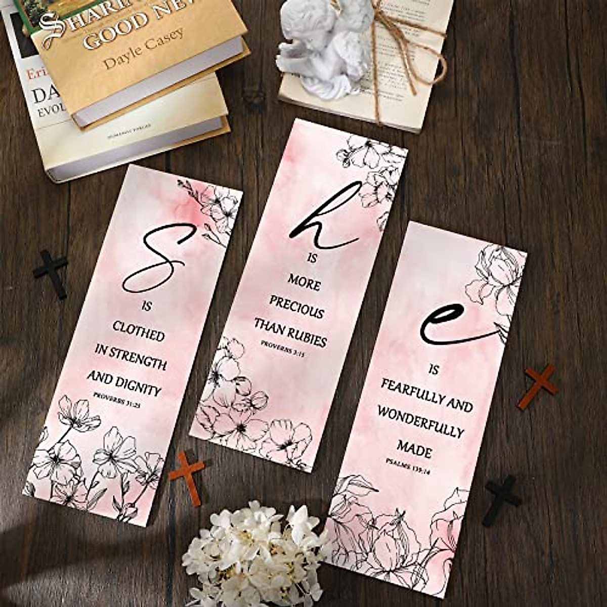 Qunclay 3 Pcs Pink Flower Inspirational Wall Decor Art Gift Wooden Motivational Hanging Christian Quotes Floral Decor for Women Girl Living Room Gift (11.81 x 3.94 x 0.2 Inch,Pink)