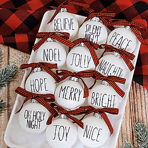 Christmas Ornaments - Xmas Tree Decorations - Set of 12 Shatterproof Bulbs with Buffalo Plaid Bows - White Holiday Balls Rustic Farmhouse Decor