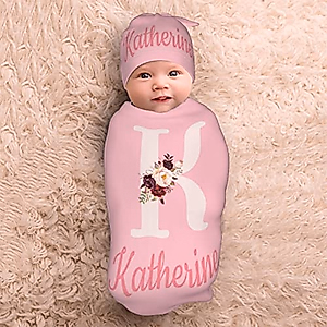WTCWY Personalized Baby Swaddle and Hat for Baby Girl Boy with Name Personalized Custom Baby Blankets for Girls Boys with Name Personalized Baby Items Girl Boy Gifts