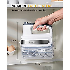 SHARDOR Electric Hand Mixer, 5 Speed & Turbo Electric Mixer with 5 Stainless Steel Accessories, Handheld Mixer for Whipping, Mixing Cookies, Brownie, Cakes, Dough Batters, Snap-On Storage Case, Silver