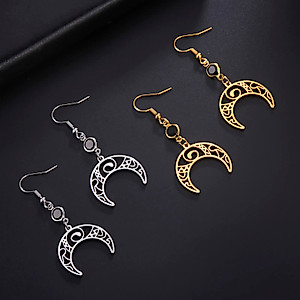 TEAMER Stainless Steel Crescent Goddess Black Birthstone Witches Knot Earrings Triple Moon Wicca Pentagram Gothic Celtic Knot Drop Earrings (Moon - Gold)