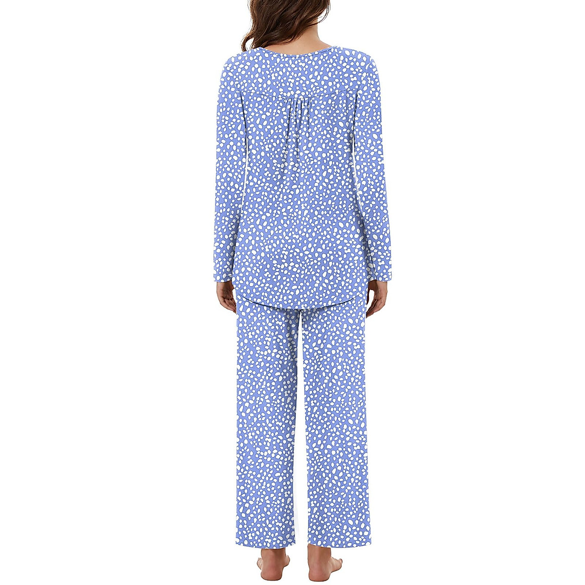 Bestbee Womens Pajama Set Plus Size, 2 Piece Lounge Outfits Pleated Sleepwear Sets Long Sleeve With Pockets Ladies Pjs, 3XL, Spotted Blue