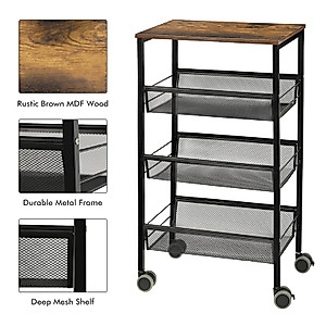 SEHERTIWY Kitchen Storage Rolling Cart, 4-Tier Kitchen Island Cart on Wheels with Wooden Shelves, Lockable Utility Cart with Mesh Baskets for Narrow Space on Dining Room Bathroom，Black