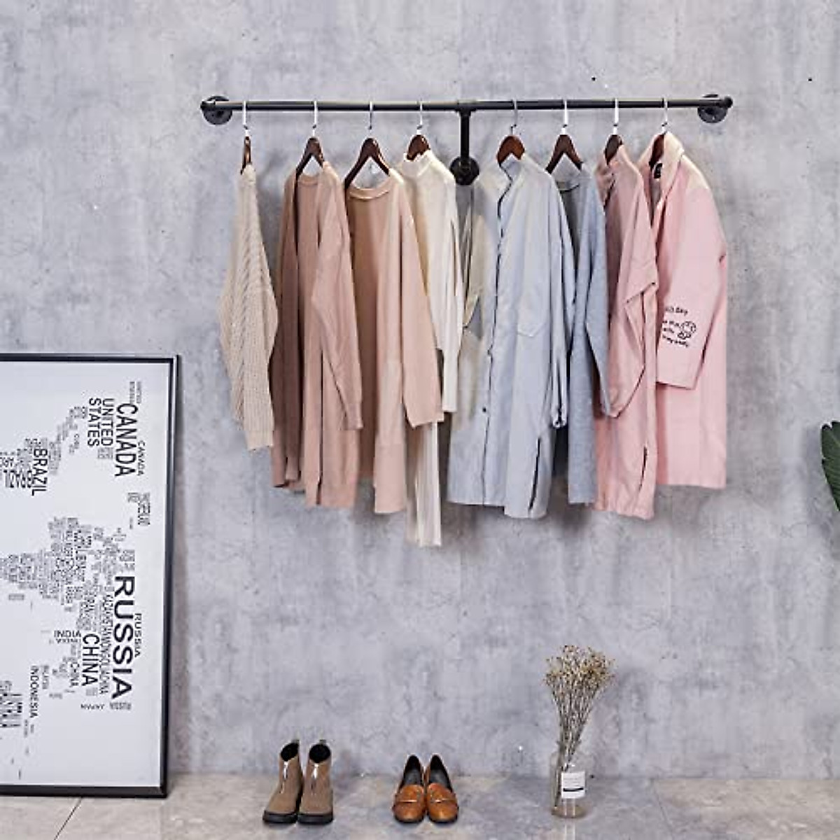 FURVOKIA Industrial Retro Wall Mounted Pipe Shelf Bathroom Hanging Towel Rack,Metal Bedroom Clothing Rod Garment Rack (One Pipe Shelves, Black, 31.5" L x 11.8" D)