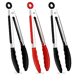 HAOBAOBEI Small Kitchen Tongs for Cooking with Silicone Tips, 7 Inch Non Stick High Heat Resistant Silicone Food Tongs for Air Fryer Dinner Baking BBQ Grilling Christmas Party (3 Pcs, 2 Black+1 Red)