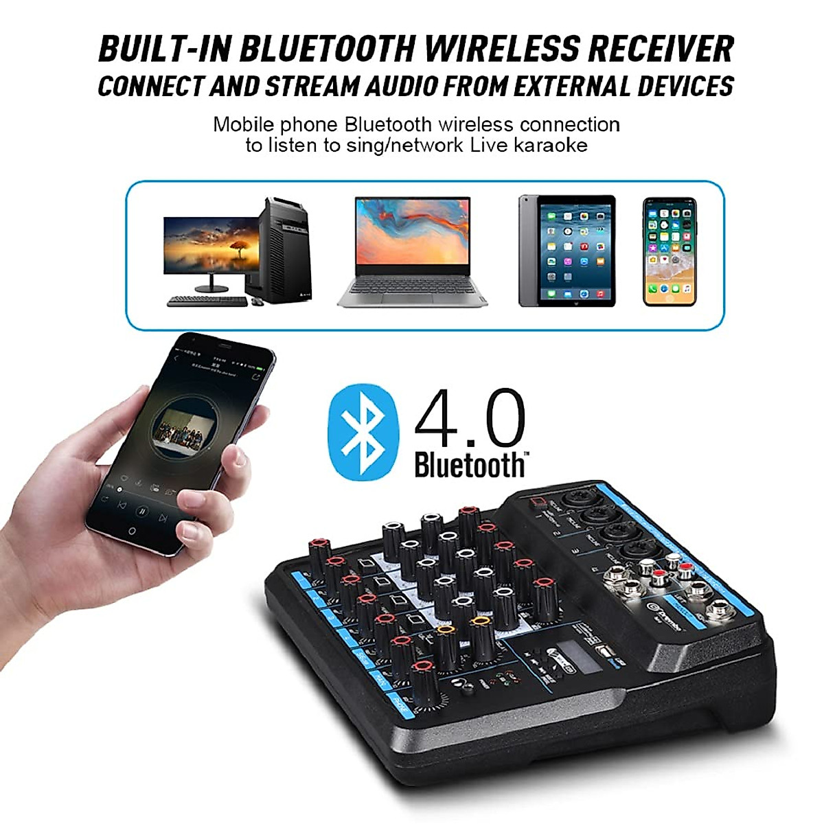 D Debra M6 Mini Audio Mixer Mixing Console Mixer Sound 6 Channel with Sound Board USB Bluetooth Audio Interface Mic Preamps 48V Phantom Power Mixer Use for DJ Studio PC Recording Singing Webcast Party