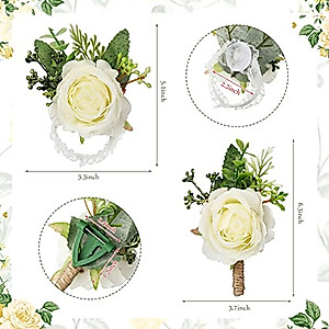 48 Pcs Wedding Wrist Corsage Boutonniere Set, Ivory Rose Wrist Flower Wristlet Band Corsage Bracelet for Bride Bridesmaid Women Girls White Boutonniere for Men Groom Groomsmen for Prom Wedding Party