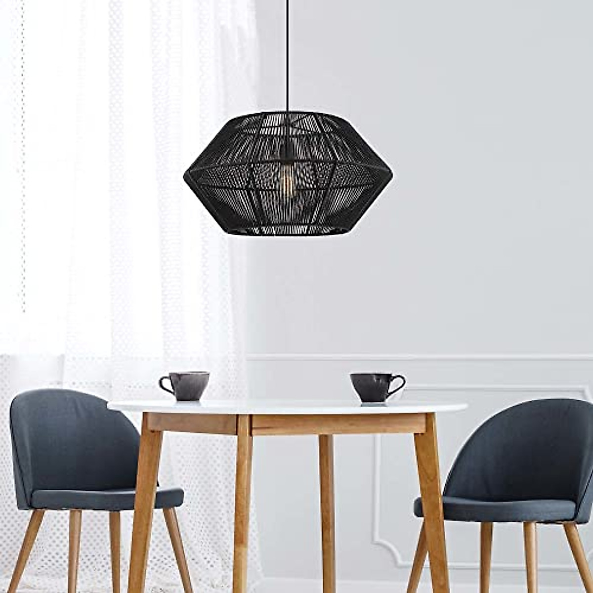Globe Electric 65470 1-Light Chandelier, Matte Black Natural Twine, Mate Black Canopy and Socket, Designer Black Cloth Hanging Cord. Adjustable Height, Home Decor Lighting, Hygge, Bulb Not Included