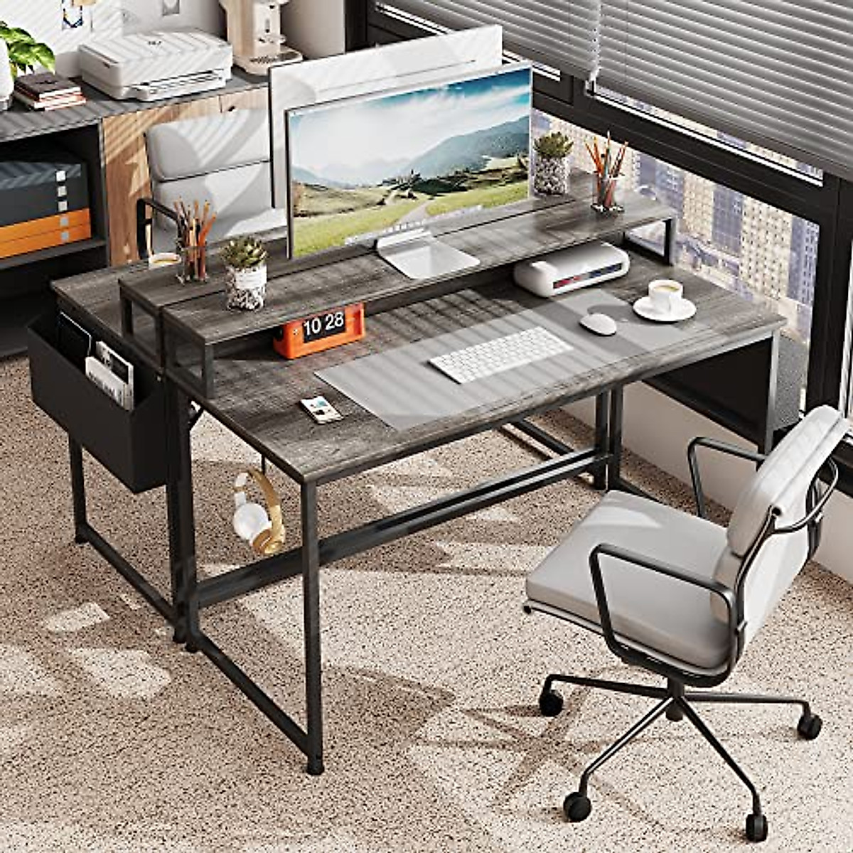 MUTUN 47" Computer Desk, Home Office Desks, Modern Writing Desk with Monitor Stand, PC Desk with Storage Bag and Hook, Grey Oak