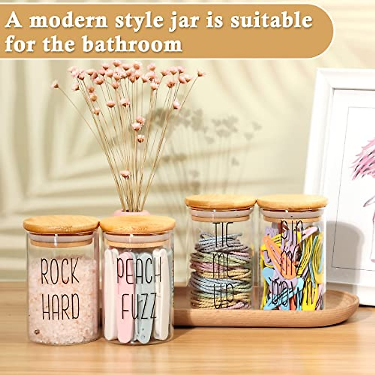 Lucomb Glass Apothecary Jars with Lids for Bathroom Storage Organizer, 4 Packs Cotton Ball Q-Tip Holder Hair Tie Organizer & Bobby Pin Holder Great for Funny Bathroom Canisters Decor Farmhouse Style