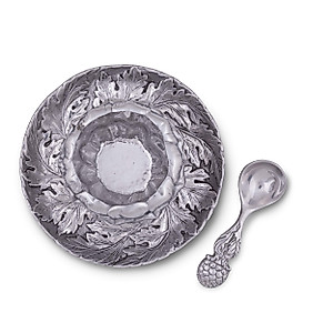 Arthur Court Aluminum Artichoke Condiment Set 3 piece Bowl, Tray, Spoon 7 inch Diameter Tray