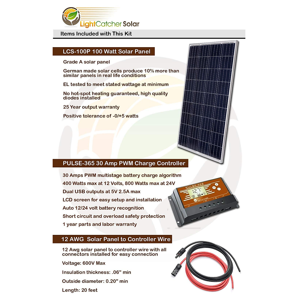 LightCatcher-Solar 100-Watt 12-Volt Polycrystalline Solar Panel Kit (Panel+PWM Controller + 20' Wire)
