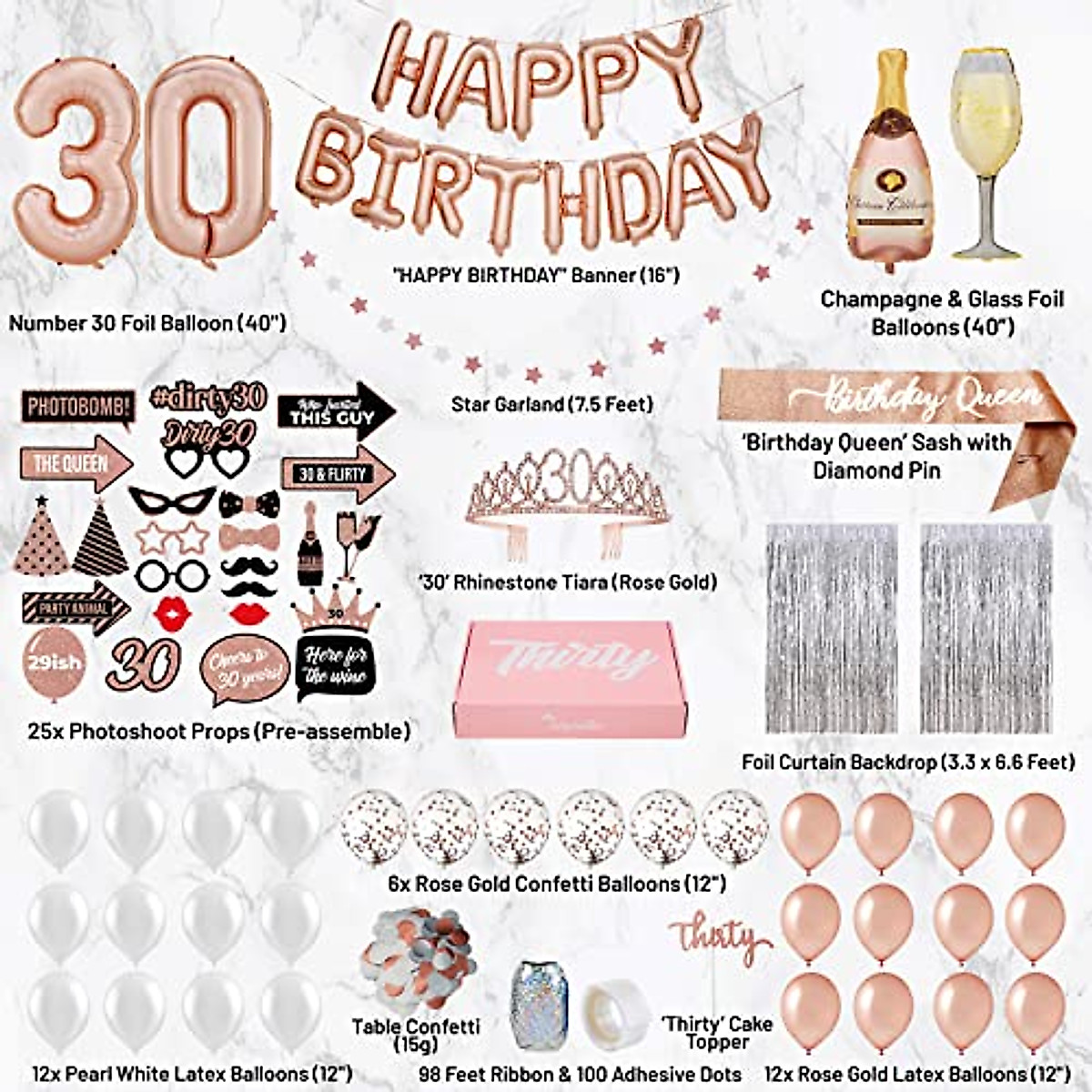 PartyHooman 30th Birthday Decorations for Women With 30th Birthday Sash and Rhinestone Tiara | 30th Birthday Balloons, 2 Pcs Foil Backdrops with 25 pre-assembled photoshoot props | Dirty 30 Birthday