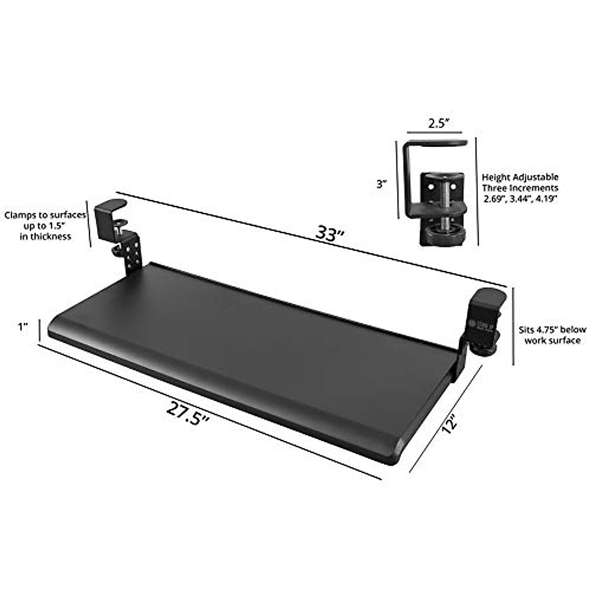 Stand Up Desk Store Large Clamp-On Retractable Adjustable Height Under Desk Keyboard Tray | for Desks Up to 1.5" (Large, 33" Wide)