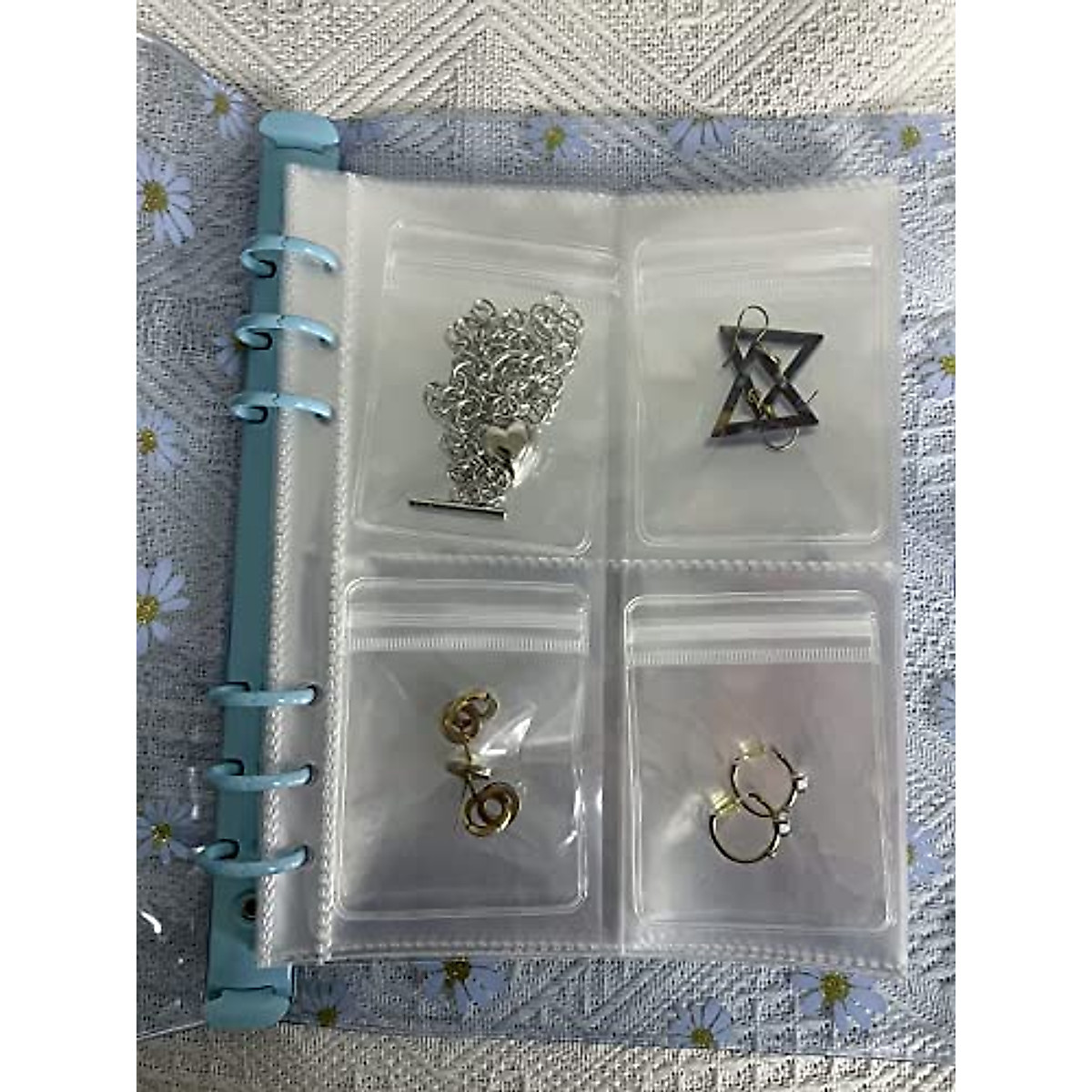 BINGC Transparent Jewelry Storage Book, Upgraded Anti-Tarnishing Anti Oxidation Organizer Bag with Pockets DIY Earring & Ring Book Holder (100 Grids + 100 Ziplock Bags) (BLUE)