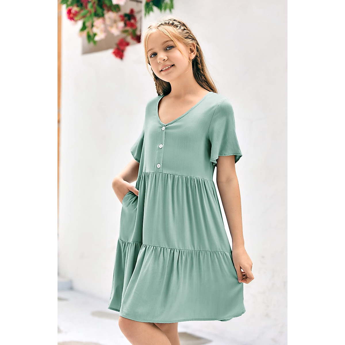 Tymidy Girls Casual Dress A-Line Midi Dress Button Down V Neck Short Sleeve Ruffle Flowy Swing Mixi Dresses for 4-15 Years Lake Green…