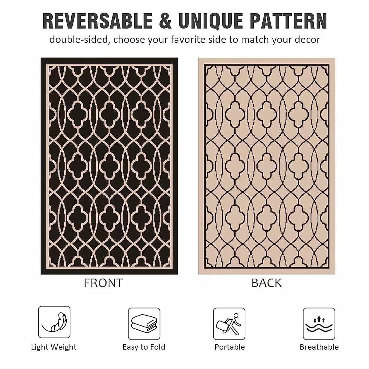 Reversible Mats - Outdoor Rugs 5'x8' for Patios Clearance, Plastic Straw Rugs Waterproof, Portable, Outdoor RV Camping Rug, Garden, Balcony, Picnic, Beach, Camping(Black & Beige)