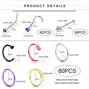 HAIAISO 200Pcs Nose Ring Studs Set for Women Men Stainless Steel Nose Rings Hoops Bone Screw L Shaped Nose Rings Nose Piercing Jewelry 20G 22G 1.5mm 2mm 2.5mm