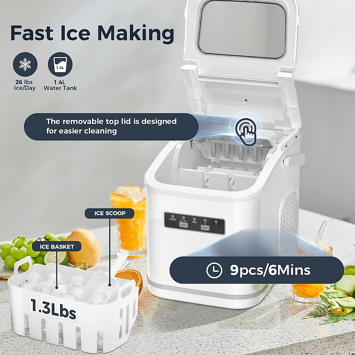 Ice Maker Machine Countertop Portable Small Compact Mini Bullet Ice Maker Self Cleaning, 2 Size of Bullet ice Cubes, 9 Cubes in 6 Mins,Good for Home,Dorm,Indoor,Camping,Outdoors (White)